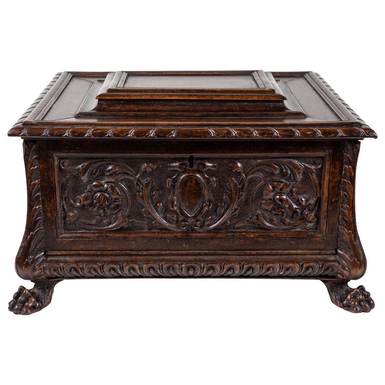 Large 19th Century Italian Walnut Coffer – Relief-Carved Shields & Fol ...